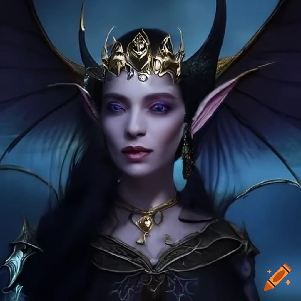 Noble bat-winged elf queen in a night city with a golden crown on Craiyon