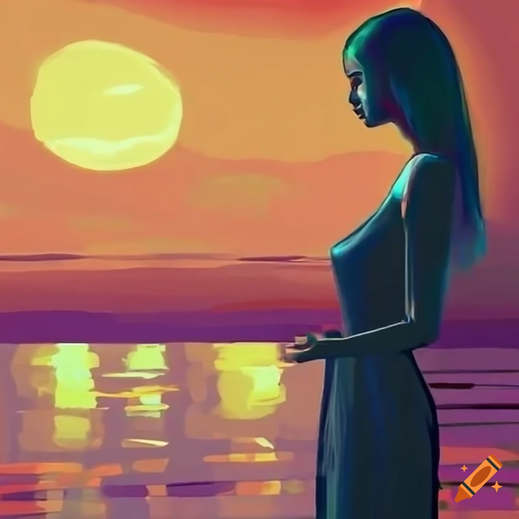 Beautiful woman gazing at the sea during sunset on Craiyon