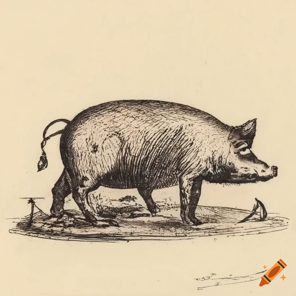 Antique pen and ink etching sketch of a pig from the 1800s on Craiyon
