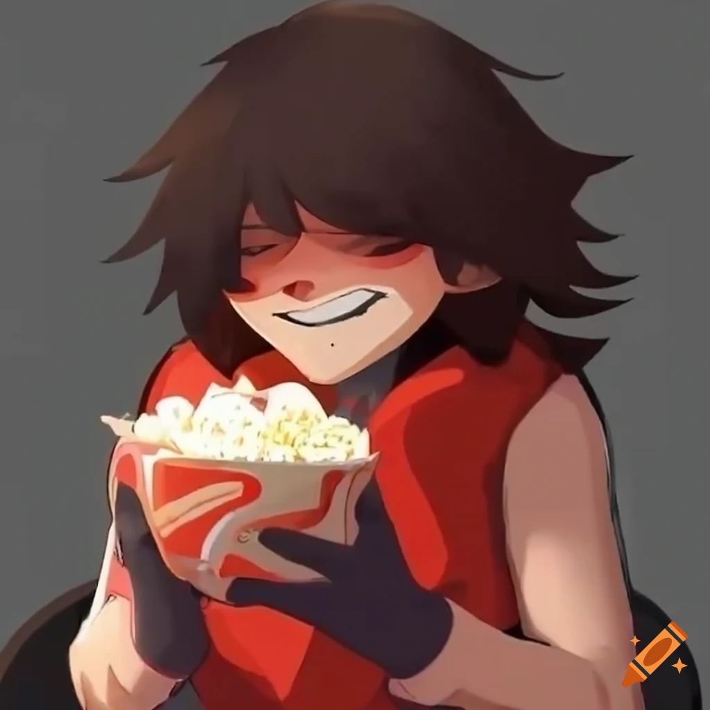 Kris from Deltarune enjoying popcorn and TV in the Light World on Craiyon