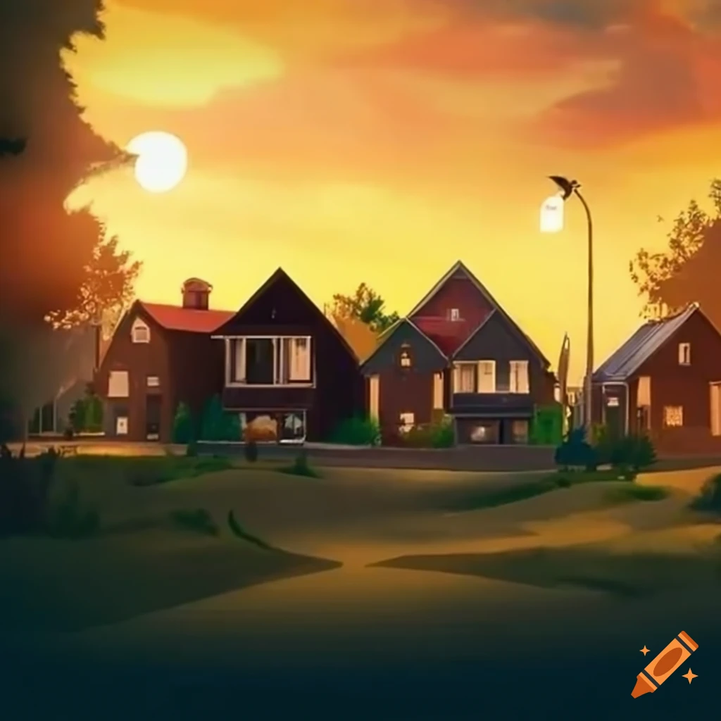 Cozy suburban neighborhood with a sunset glow on Craiyon