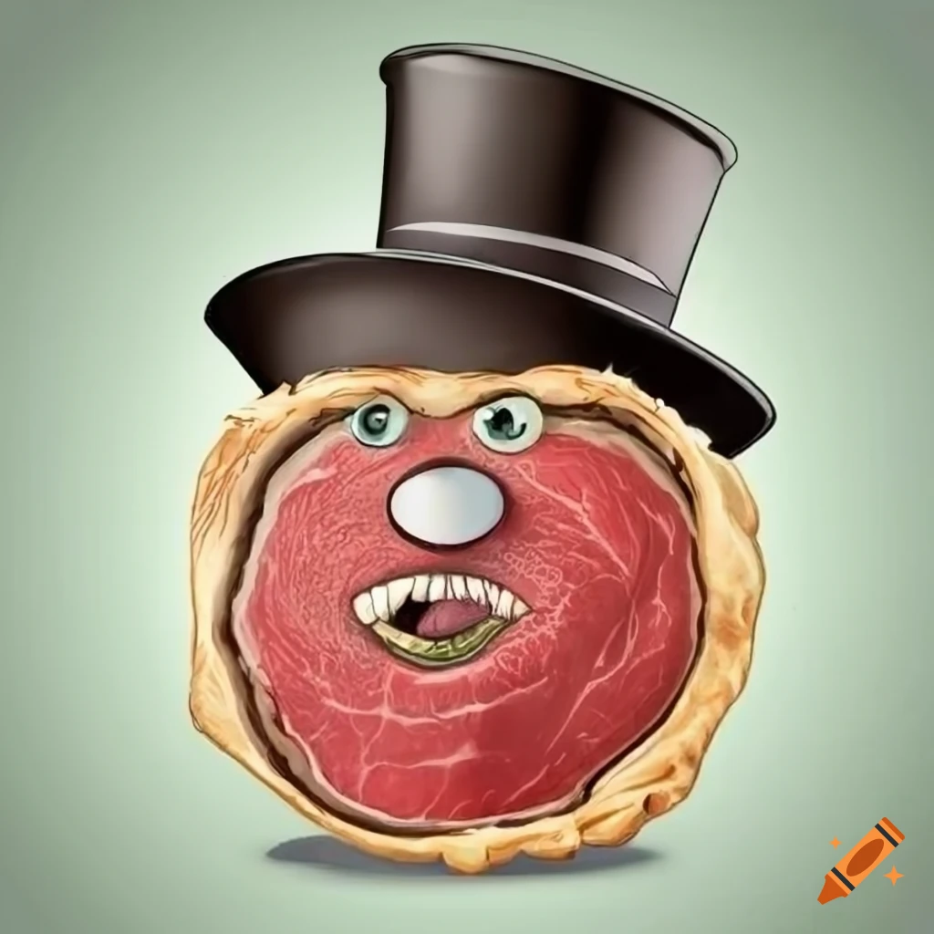 Humorous beef Wellington character with top hat and monocle on Craiyon