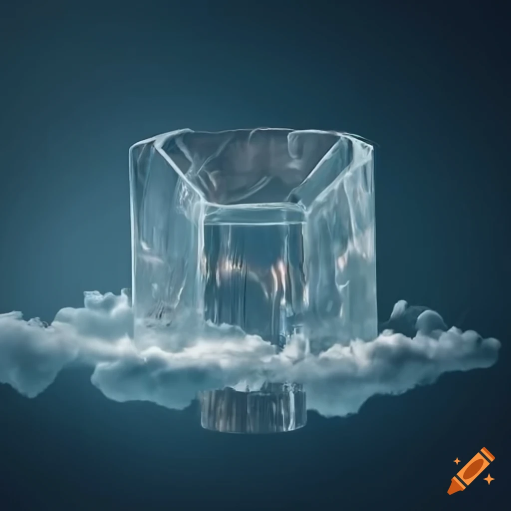 Transparent glass cube floating above the clouds in dim grey skies ...
