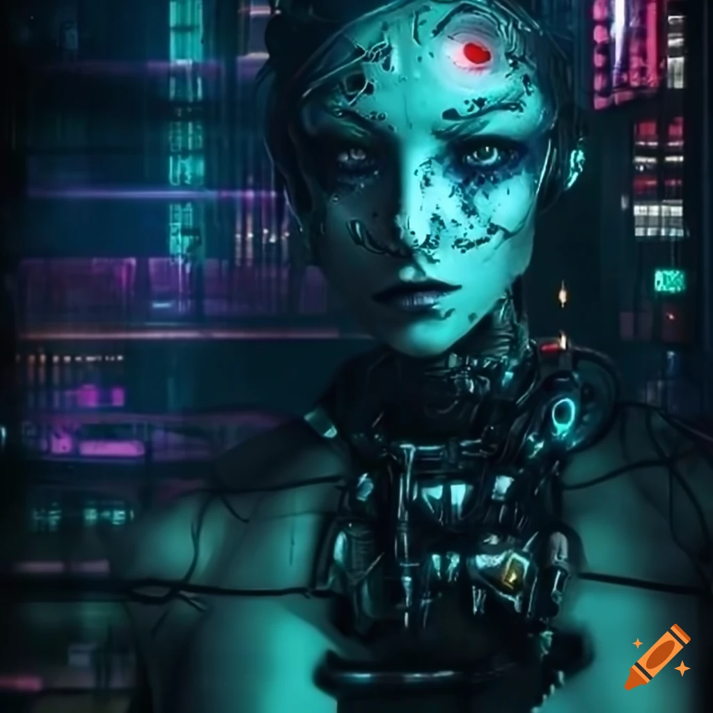 Female cyborg goddess in a cyberpunk cityscape on Craiyon