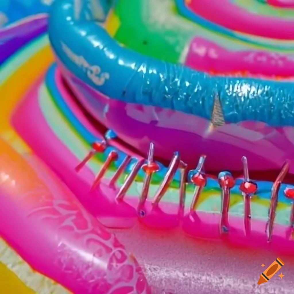 Close-up of sharp nails piercing a colorful pool float on Craiyon