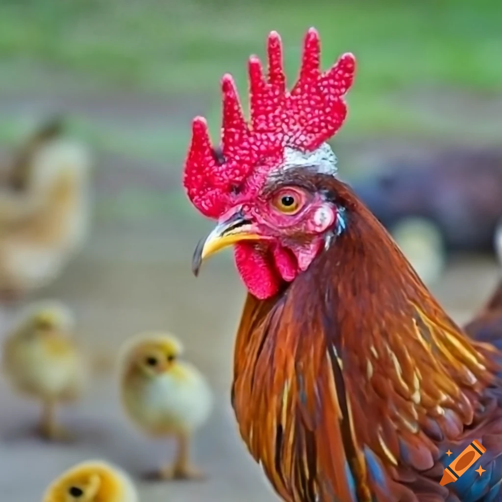 Rooster, hen, and chicks in a farm on Craiyon