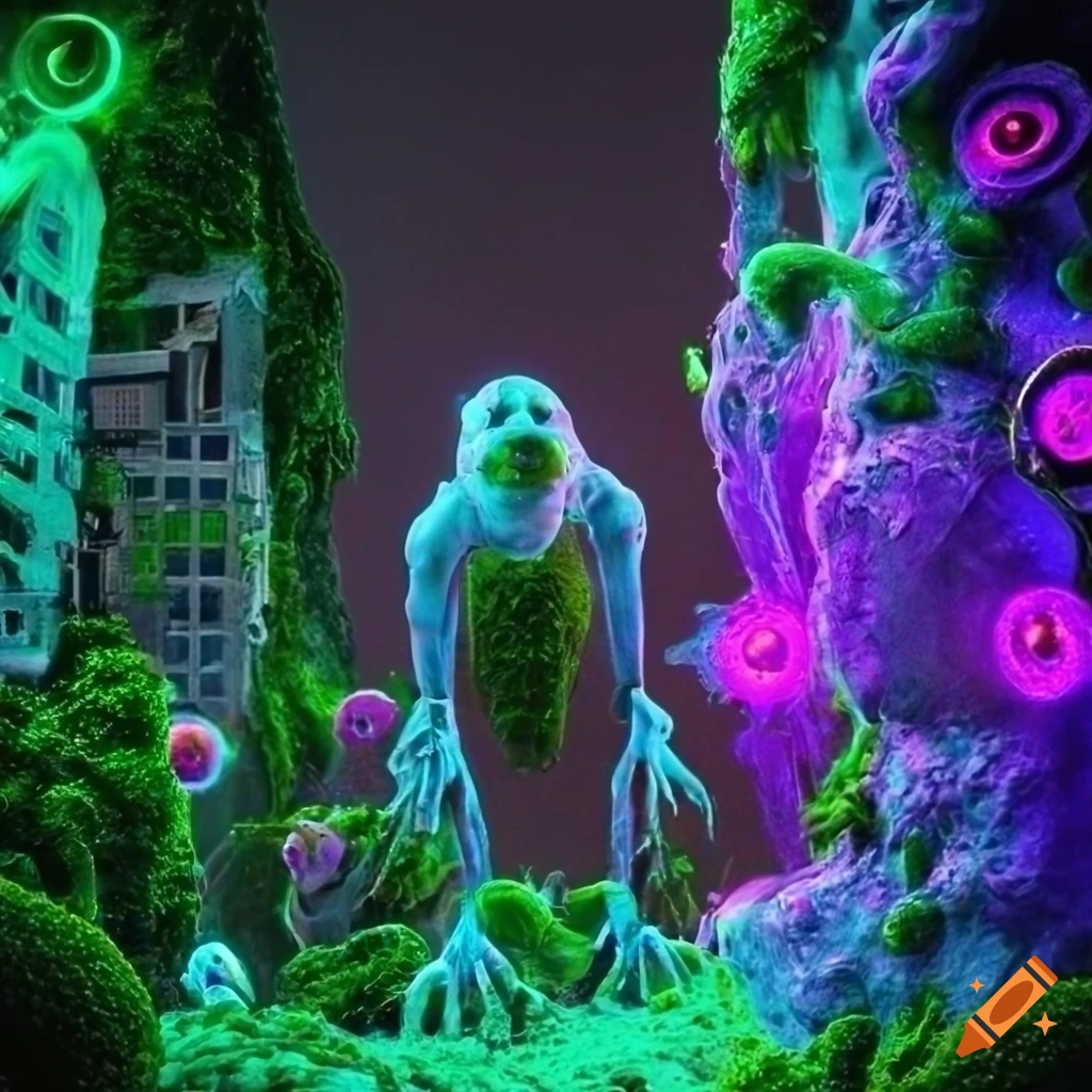 Glowing biopunk cityscape with mutant lemon fruit monsters and ...