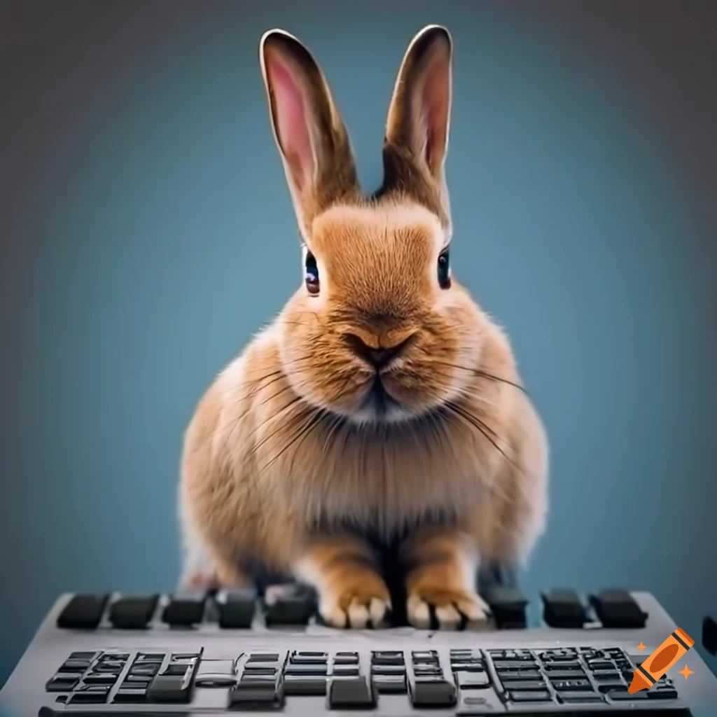 Playful rabbit seated in front of a desktop computer on Craiyon