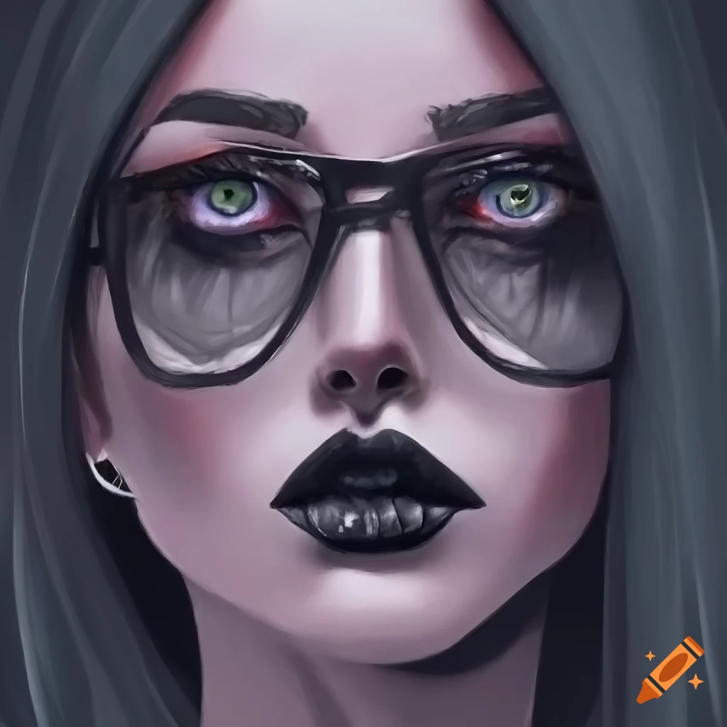 Portrait Of A Goth Girl With Green Eyes Long Red Black Hair And