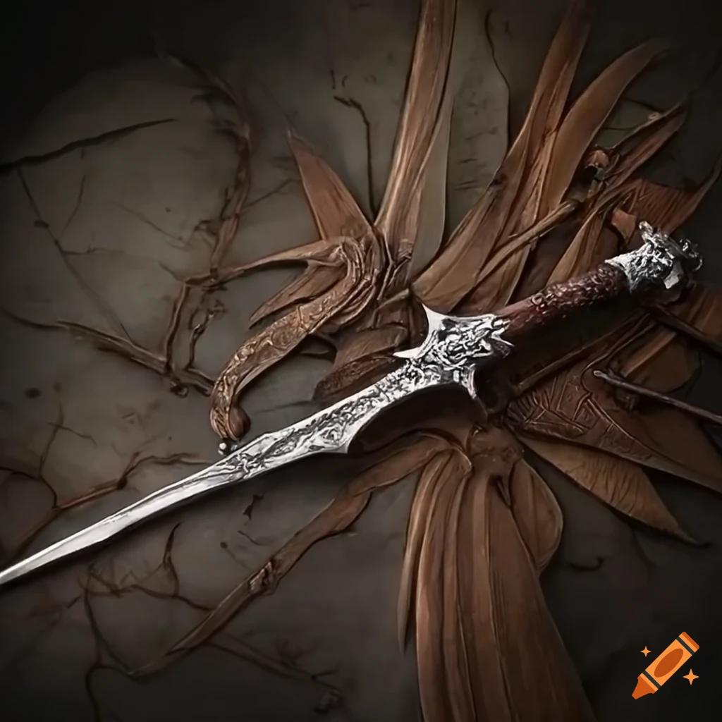 Warrior's makeshift sword with a leaf hilt in a fantasy setting on Craiyon