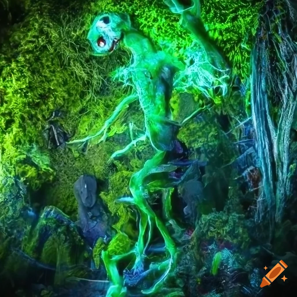 Glowing biopunk cityscape with plants, mushrooms, and cyborg Mutant ...