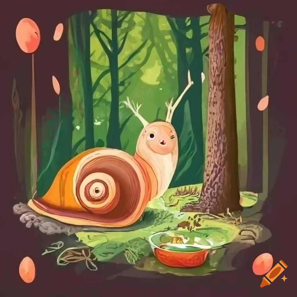 Snail cooking dinner for woodland friends in botanical style on Craiyon