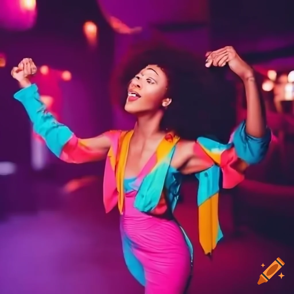 African american woman joyfully dancing in colorful attire at a ...
