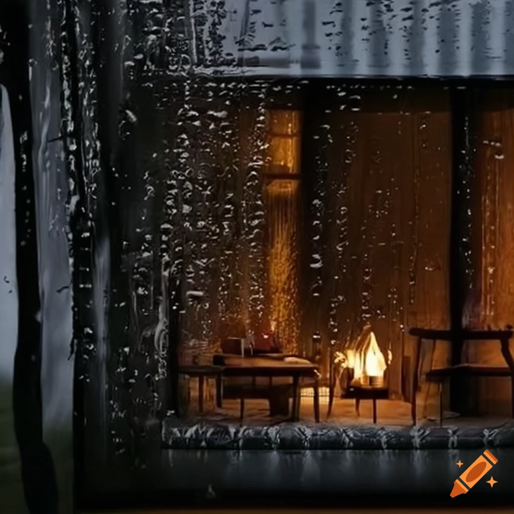 Seasonal lounge with rain outside the window on Craiyon