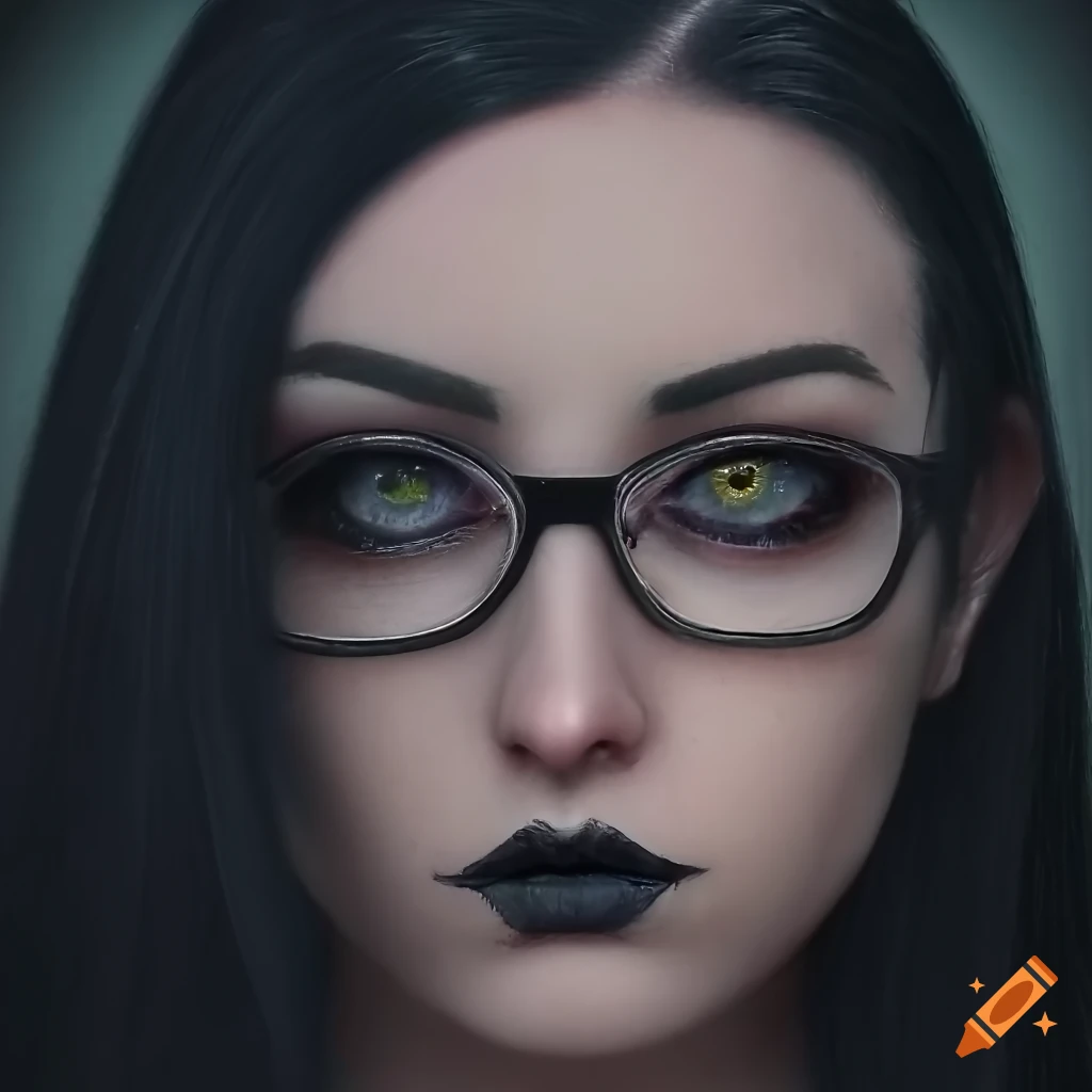 Portrait Of A Pale Green Eyed Goth Girl With Long Red Black Hair And Glasses On Craiyon