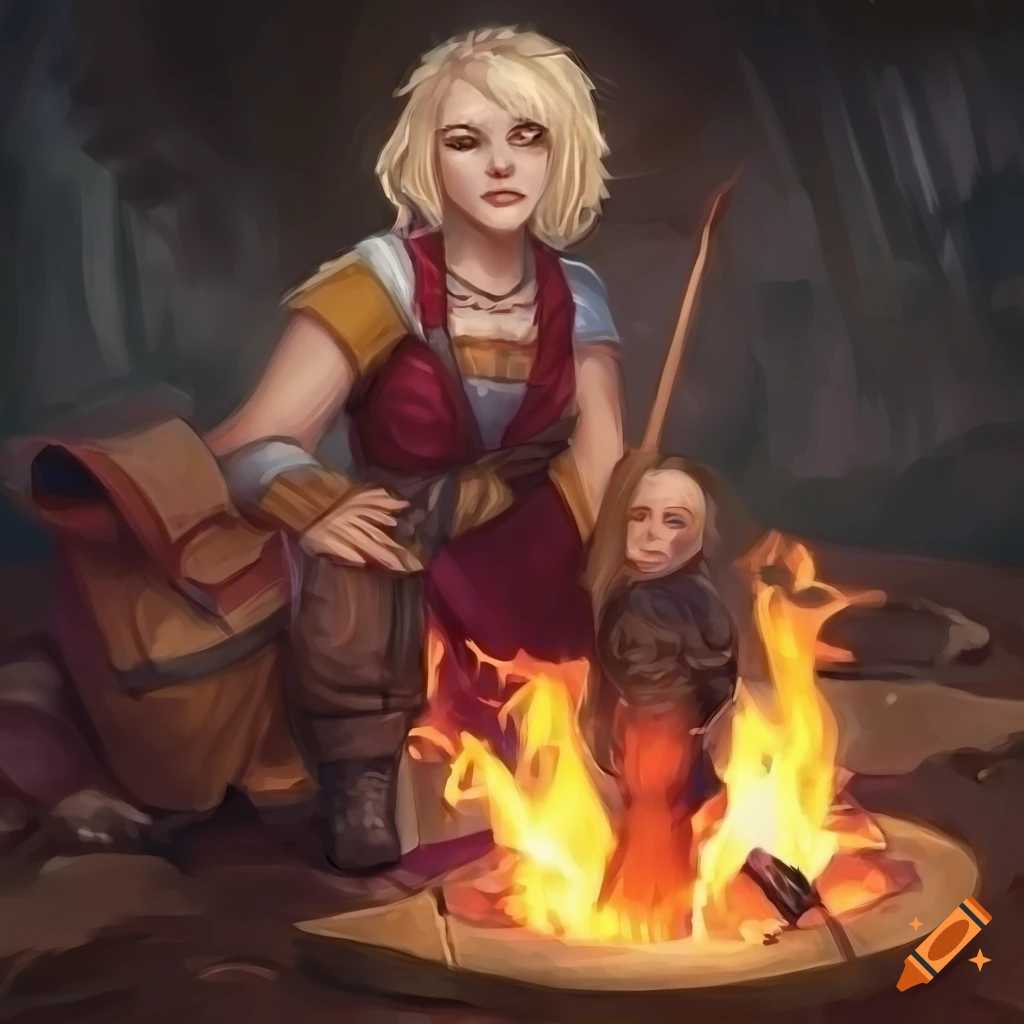 Androgynous bard with short blonde hair at a campfire on Craiyon