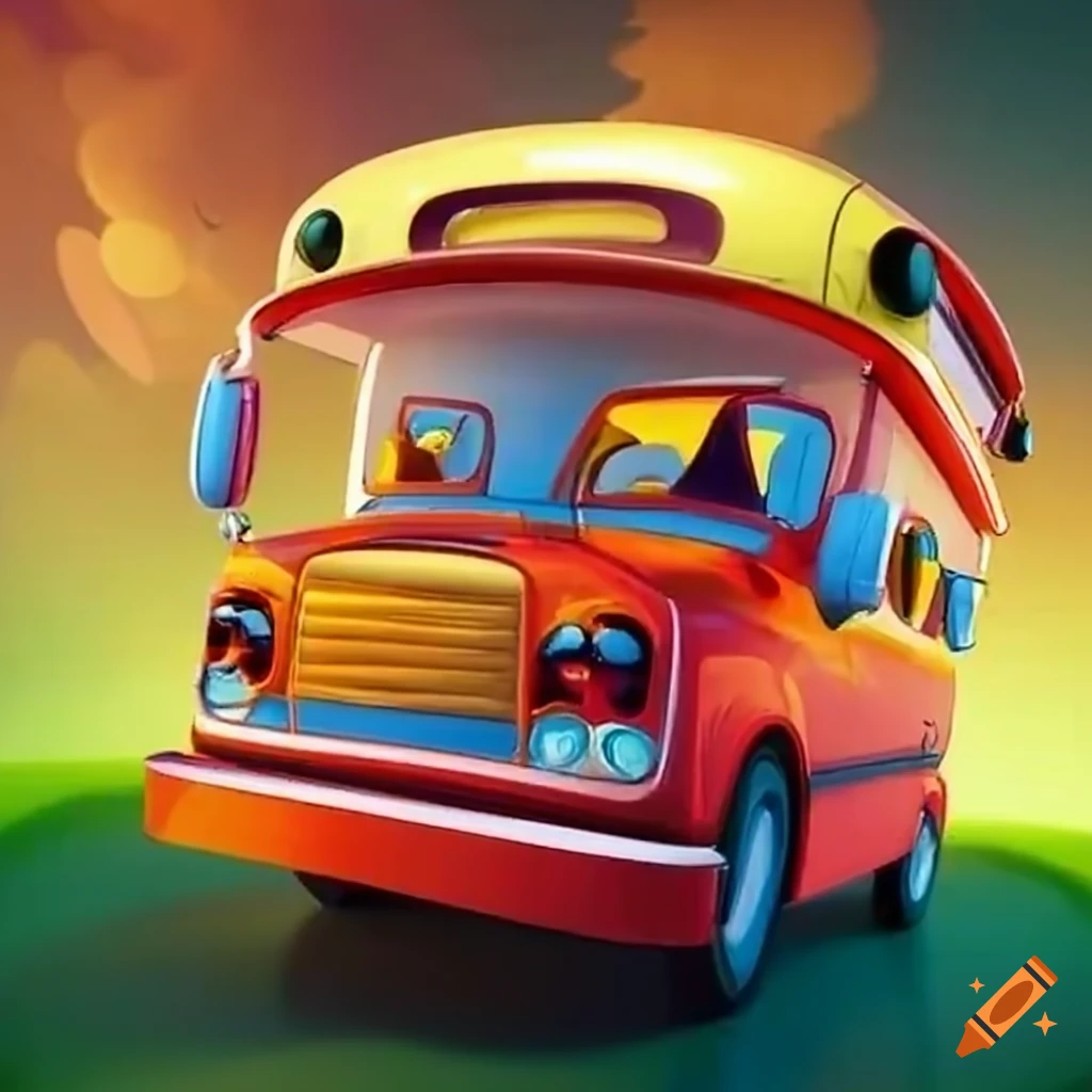 Kids playing inside a cartoon bus on Craiyon