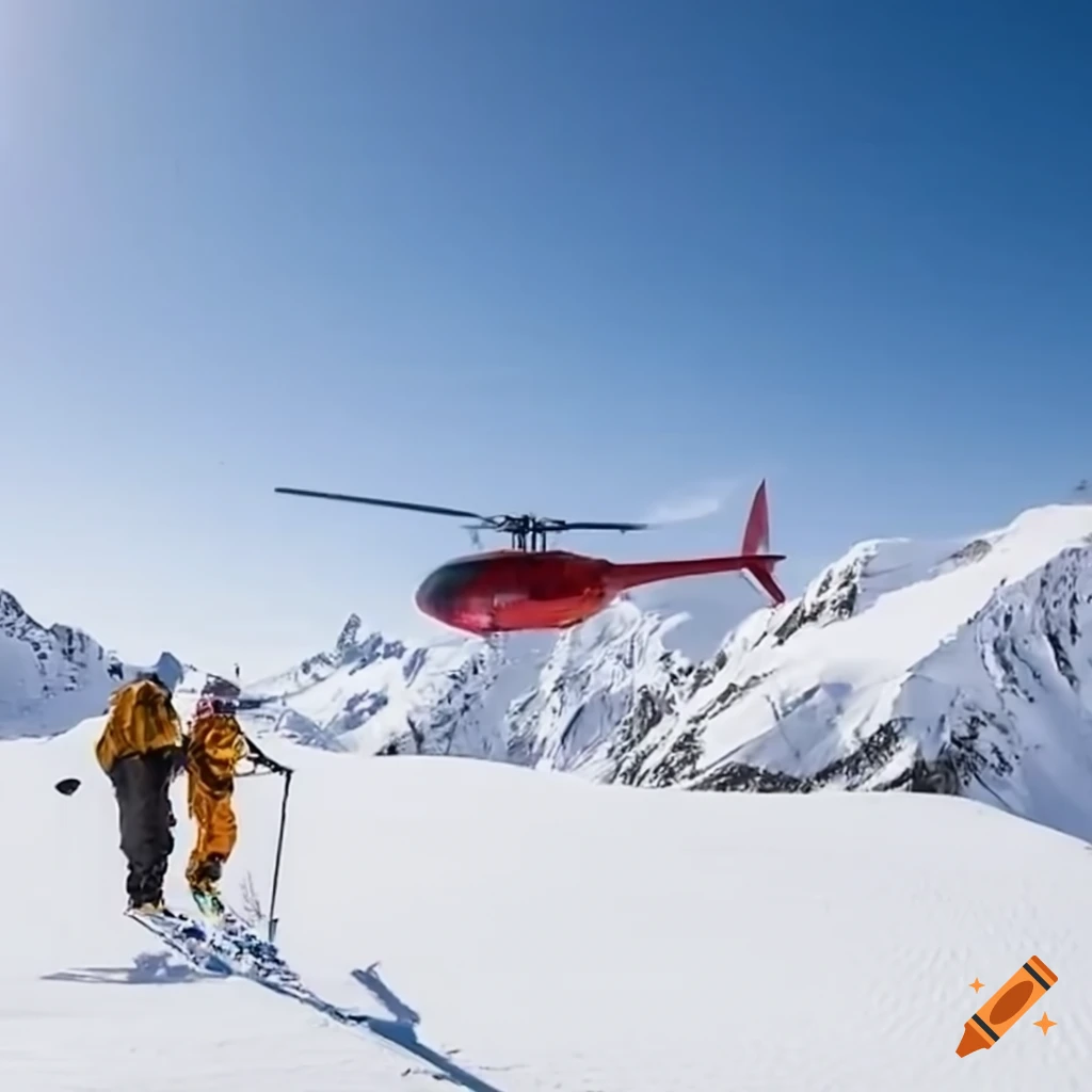 Helicopter dropping off skiers in snowy mountains for a skiing ...