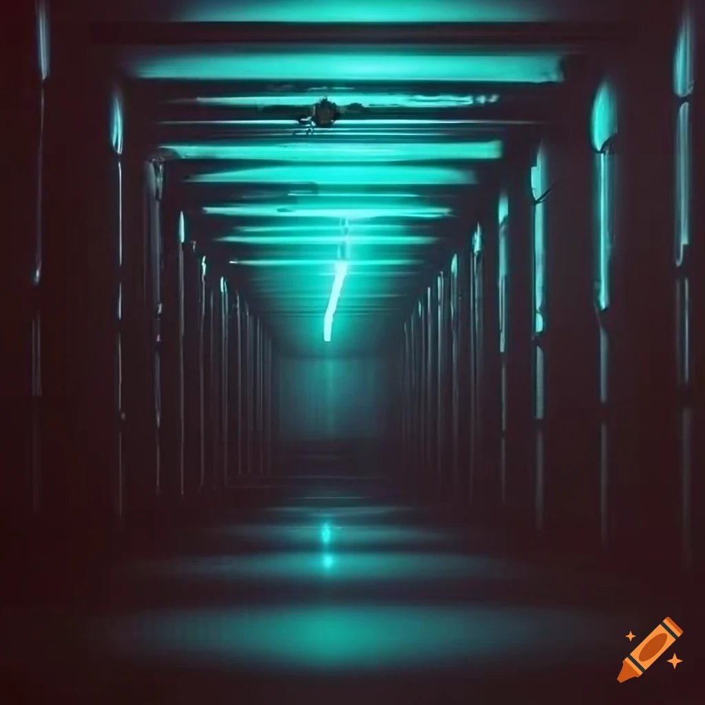 Dimly lit laboratory with flickering fluorescent lights and eerie ...