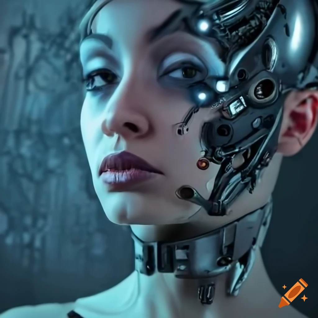 Female cyborg goddess with human-cybernetic features in a cyberpunk ...