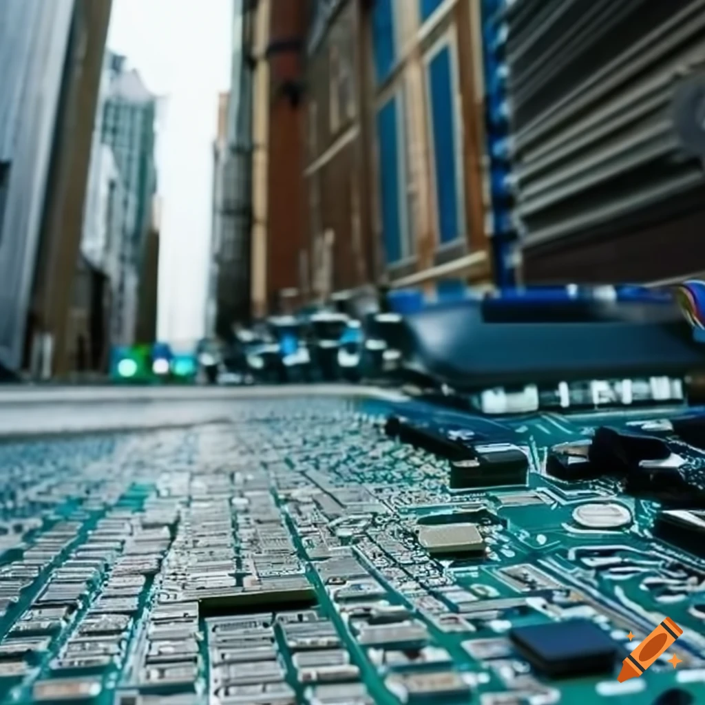 View of a street made from computer chips and circuit boards on Craiyon