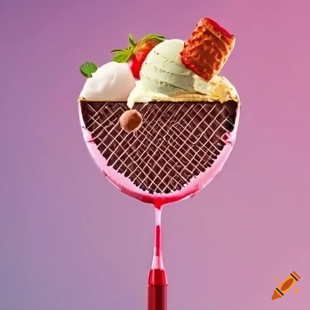 Badminton racket with ice cream, strawberries, chocolate, and fruits on ...
