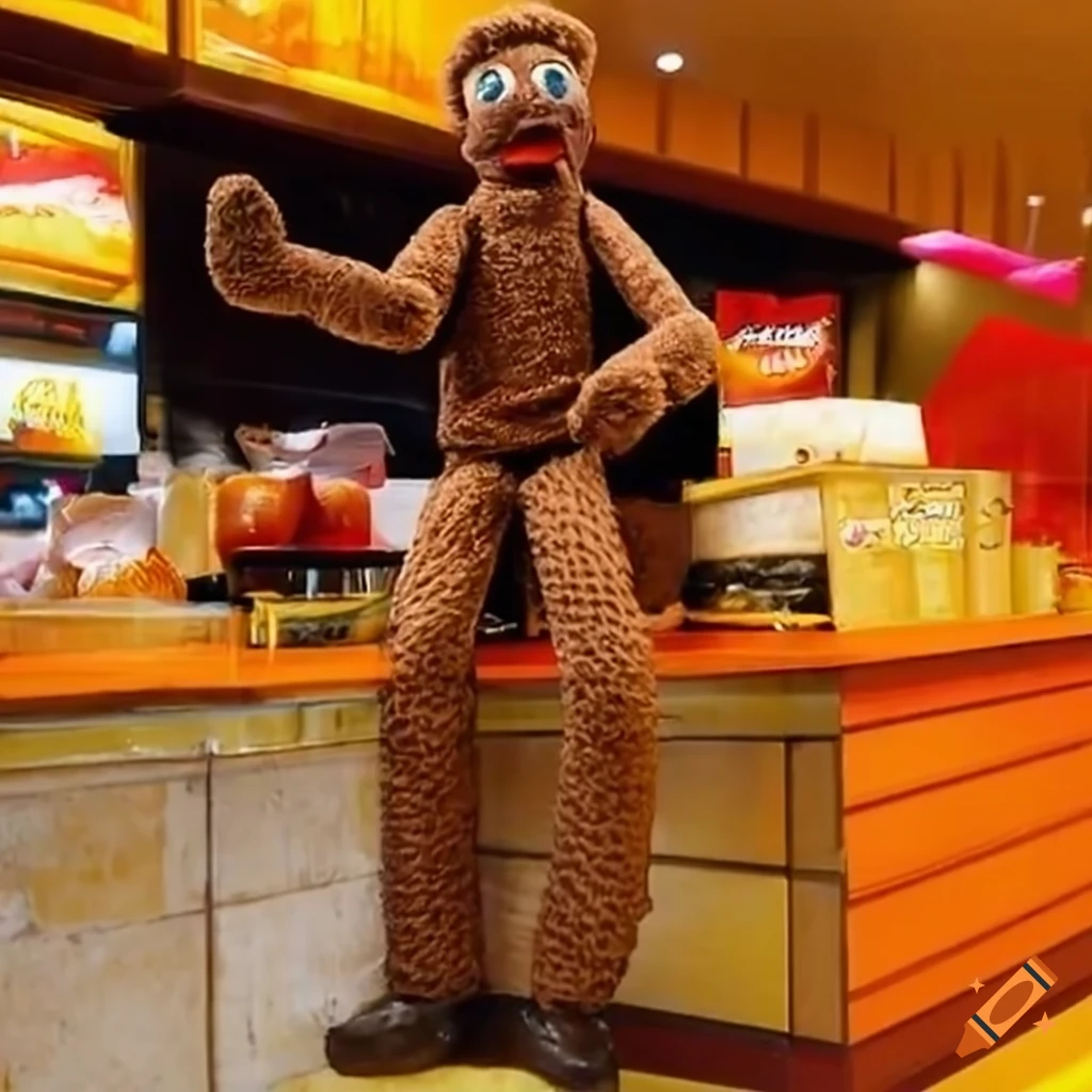 Brown puppet at mcdonald's counter paying for food on Craiyon