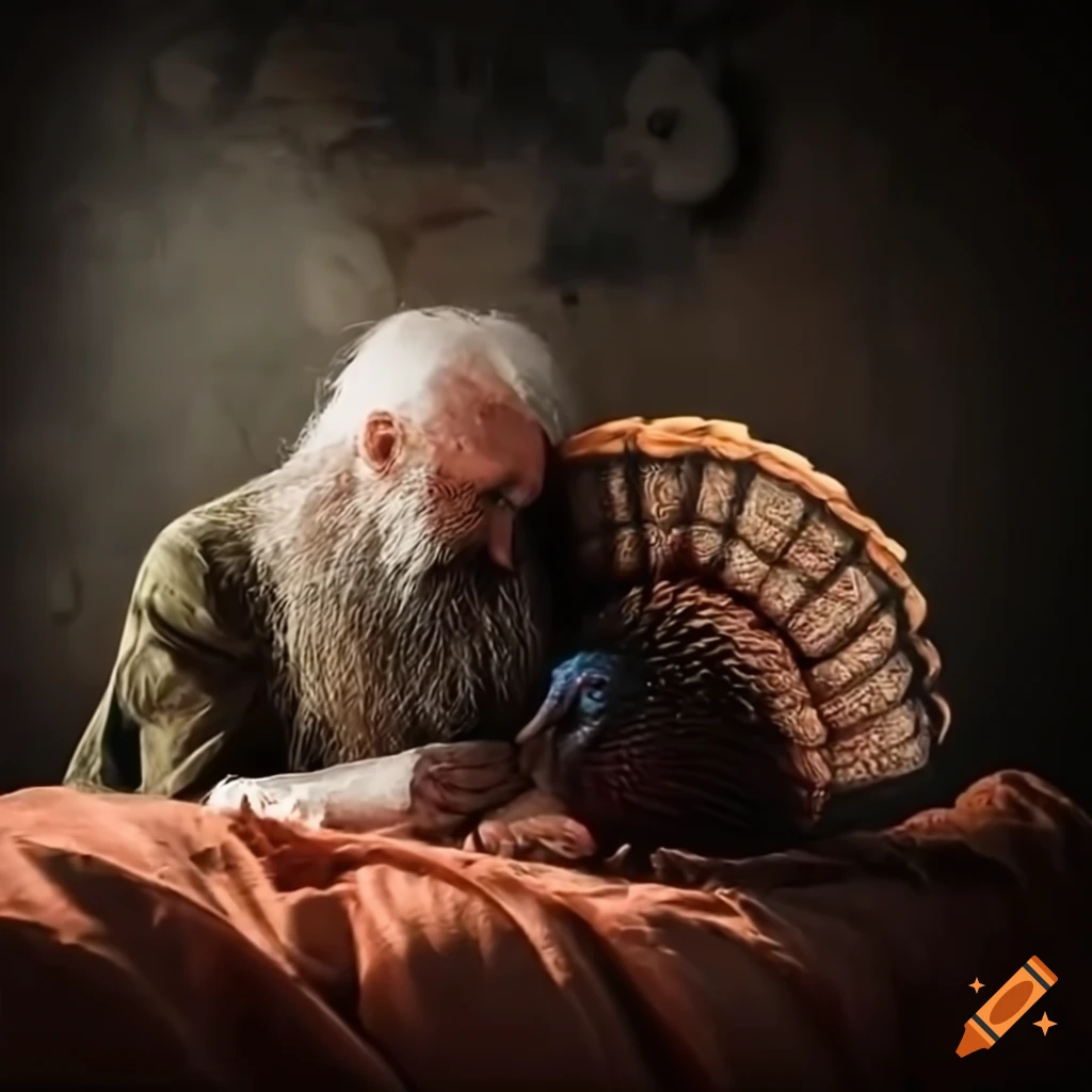 Fisherman with long beard cuddling turkey in bed on Craiyon