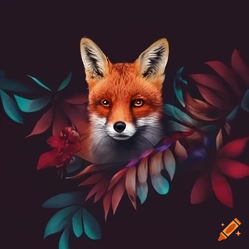 Colorful wallpaper with flowers, fox, and leaves on a dark background ...