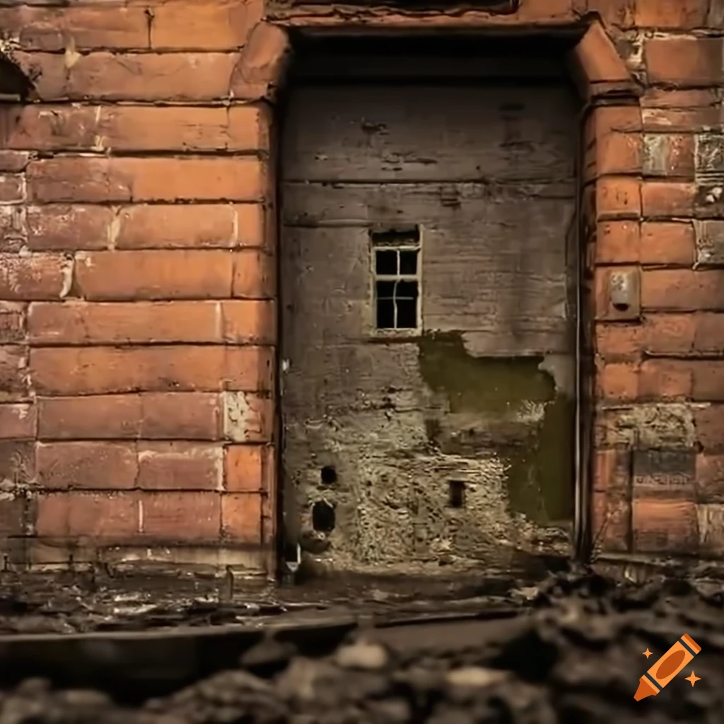 Close-up of flooded brick doorway with sinking buildings in a glowing ...