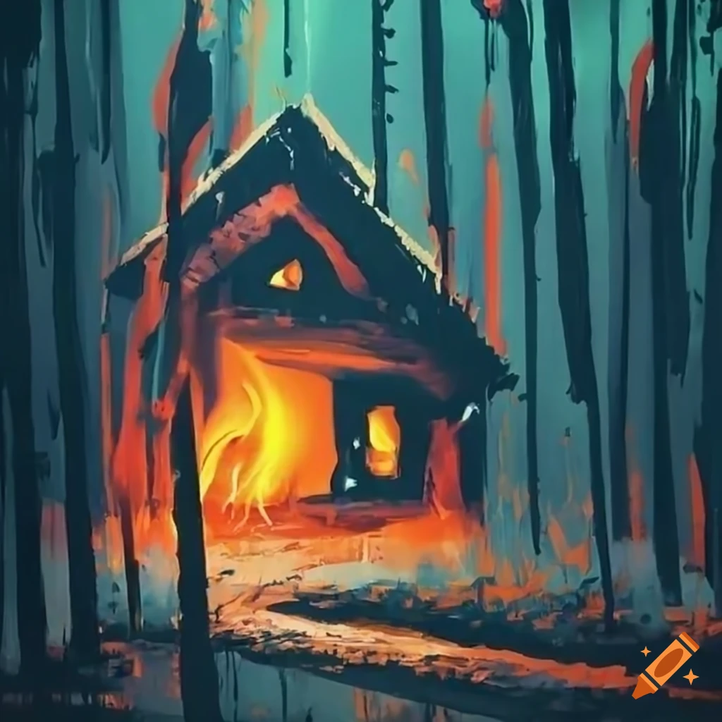 Mysterious cabin burning in a pine forest with trail on Craiyon