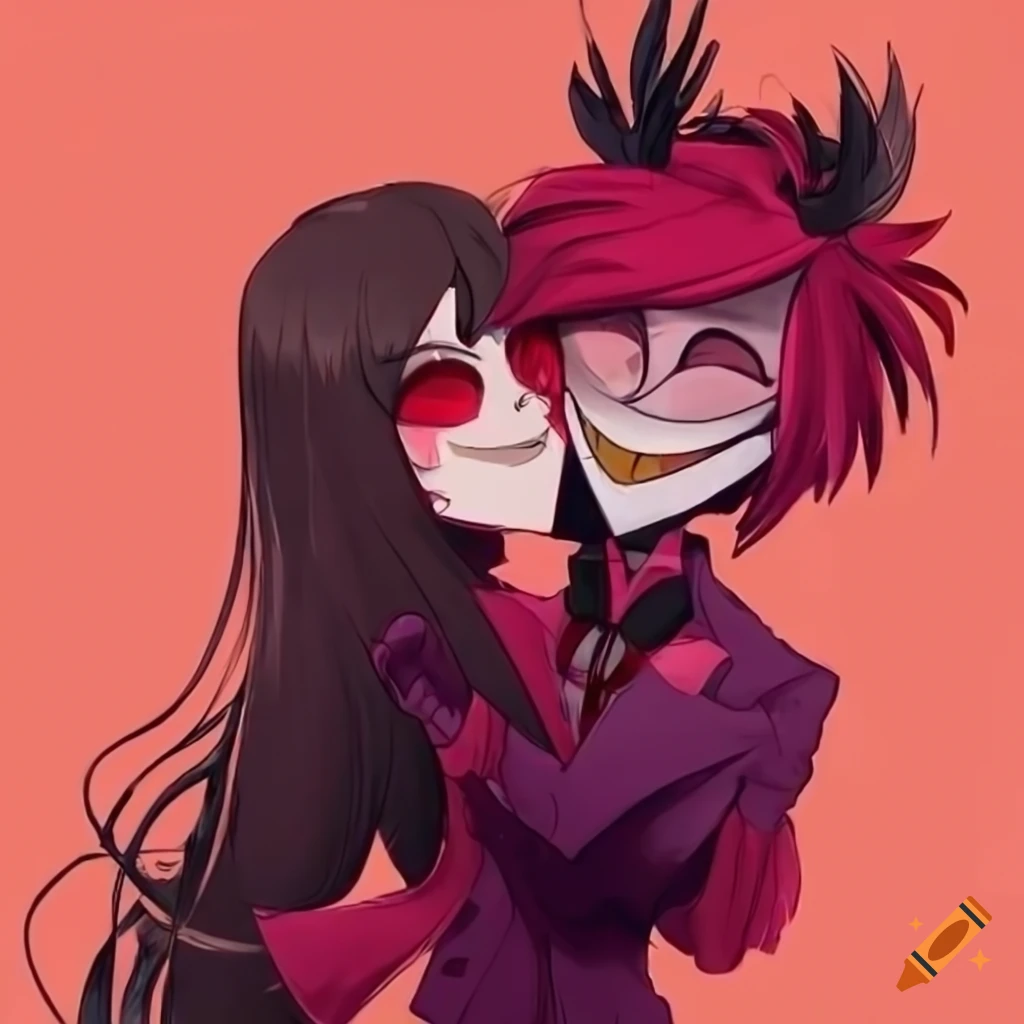 Alastor from Hazbin Hotel hugging a woman with long brown hair on Craiyon