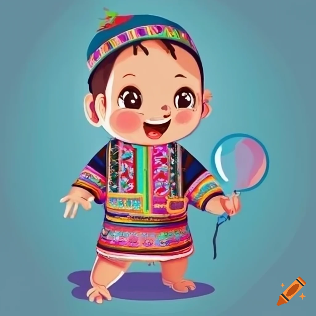 Cute cartoon baby hmong boy with blue balloon on Craiyon