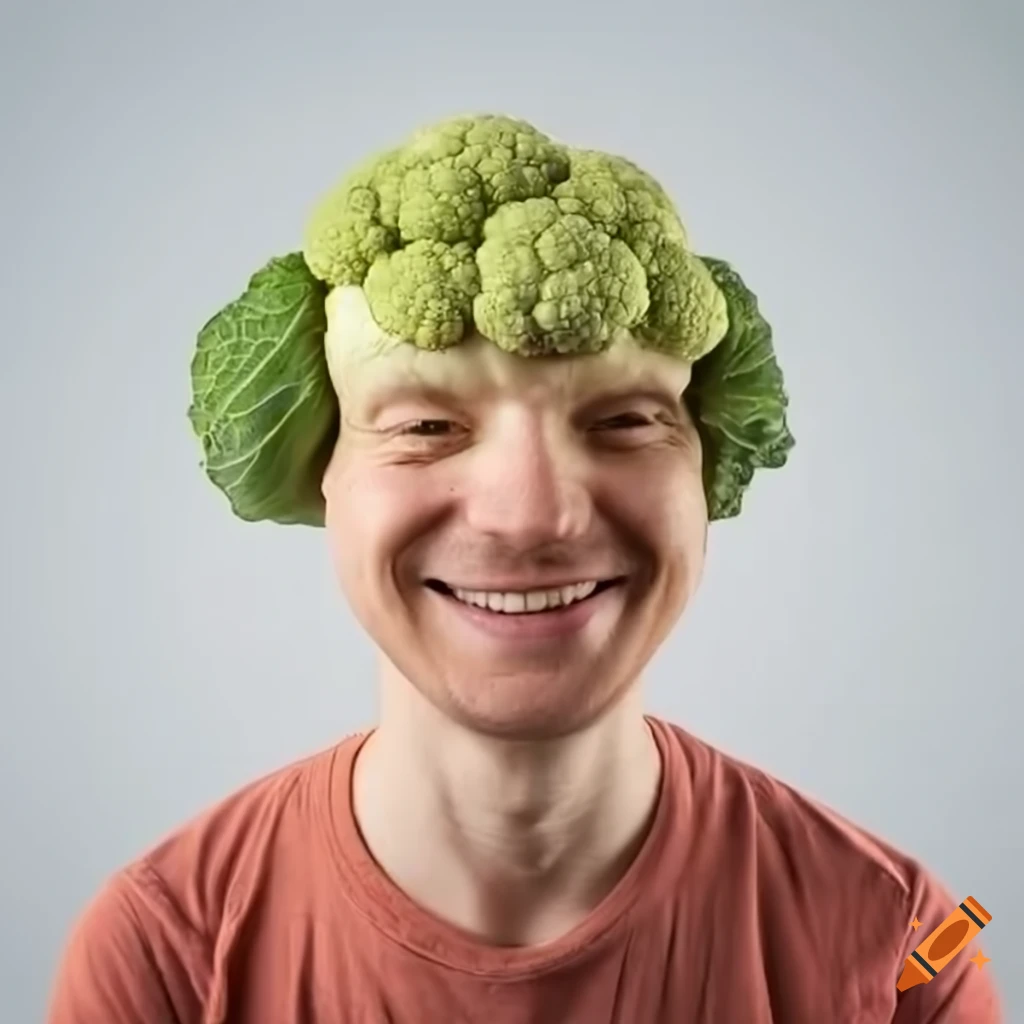 Man with a cauliflower-shaped head smiling on light gray background on ...