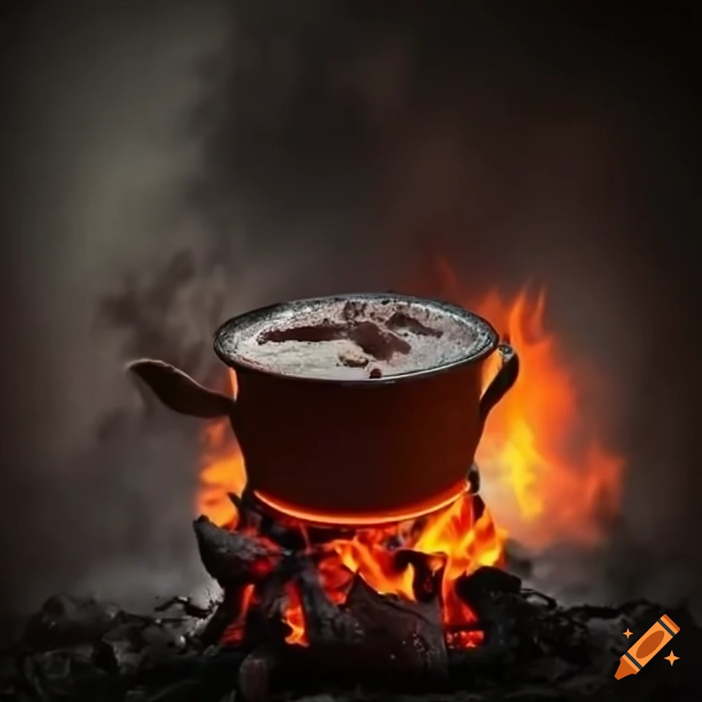 Clay pot of pork feet cooking on fire on Craiyon