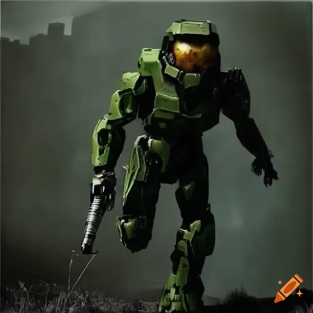 Creepy and slender master chief running past a security camera in an ...