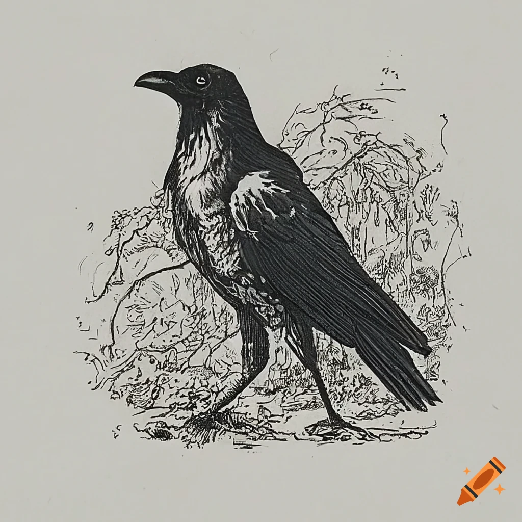 1800s pen and ink etching of a crow outline on Craiyon