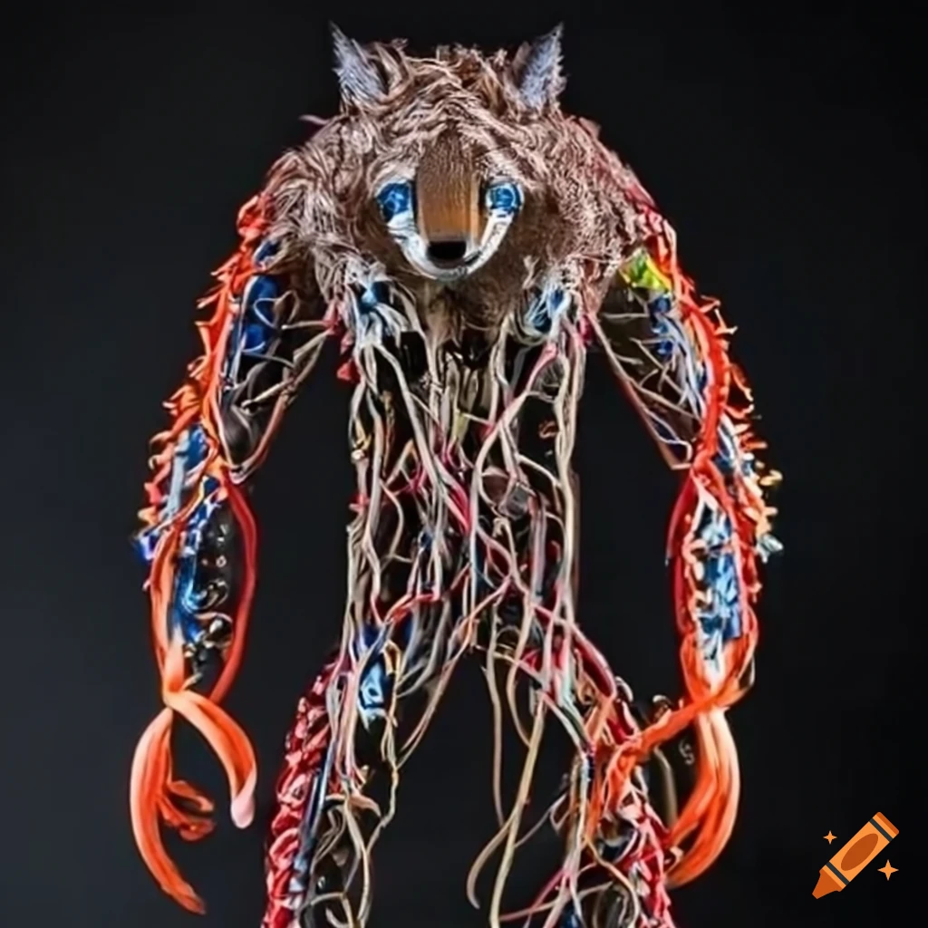 Ember wolf constructed from electronic components with patch cables on ...