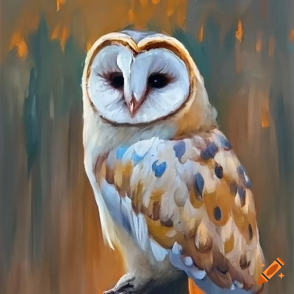 Cute forest barn owl character in an oil painting on Craiyon
