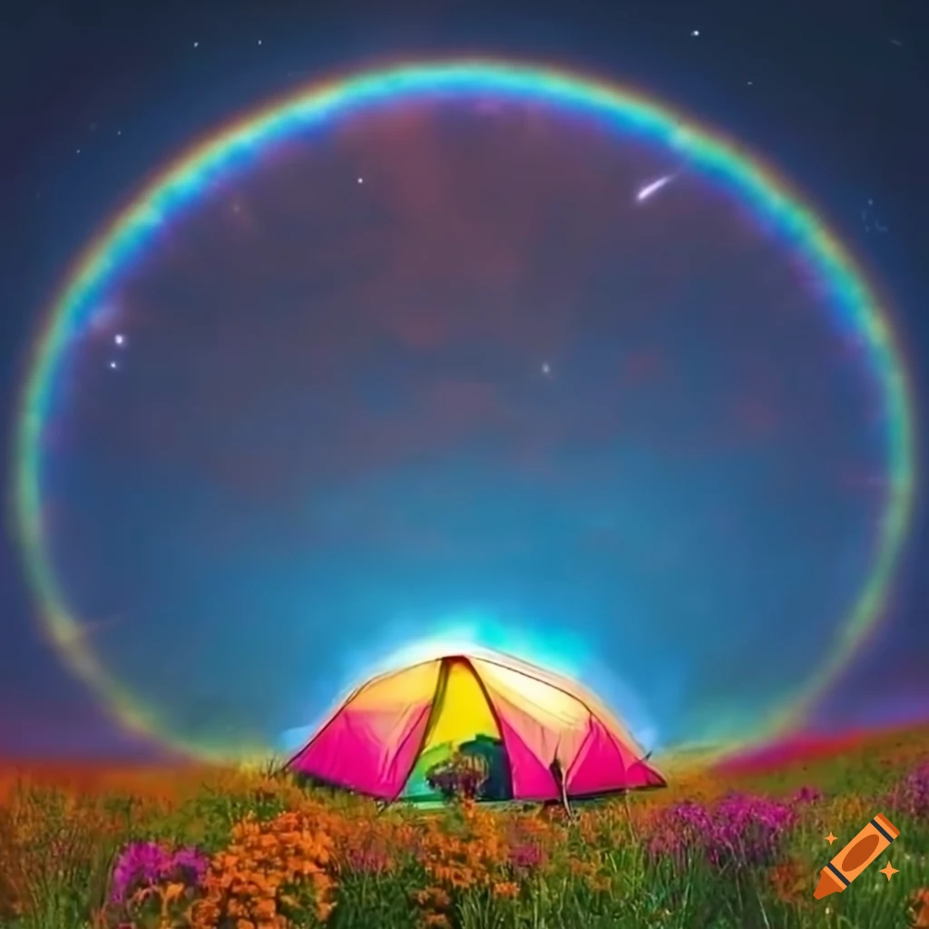 Beautiful geometric tent under rainbow flaming halo with bright burning ...