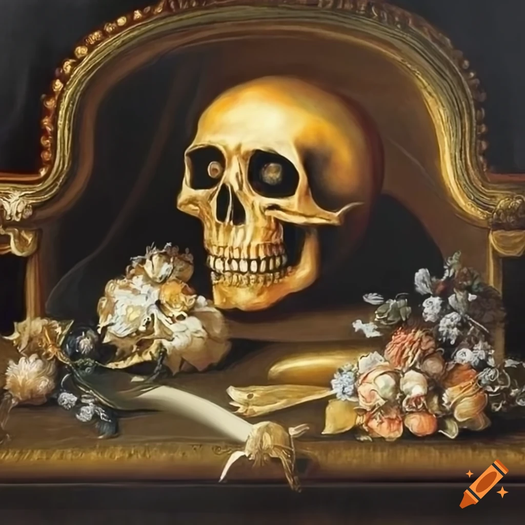 Renaissance painting of a golden skull on a velvet cushion with herbs ...