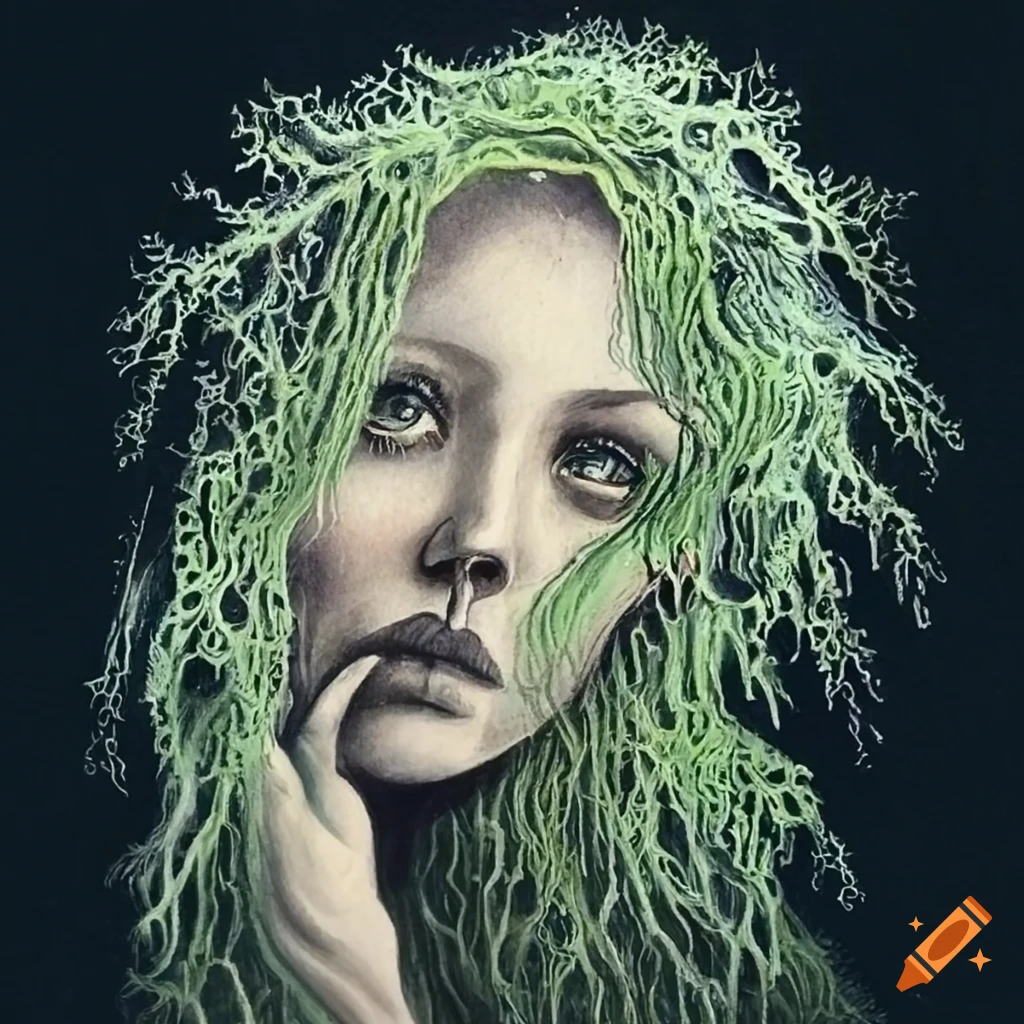 Artist with Usnea lichen hair drawing about lichens on Craiyon