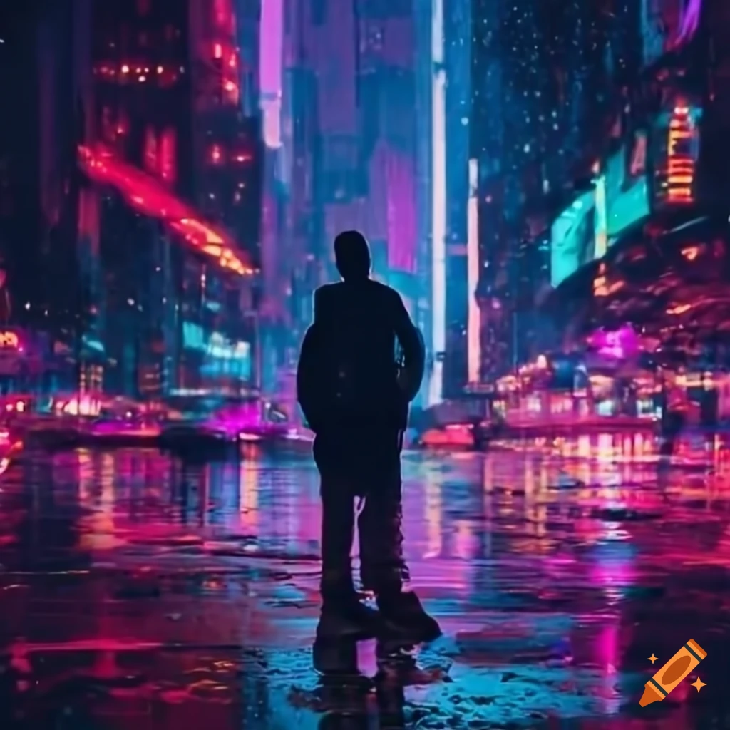 Person in neon city lights with Nissan Skyline R32 in the rain on Craiyon