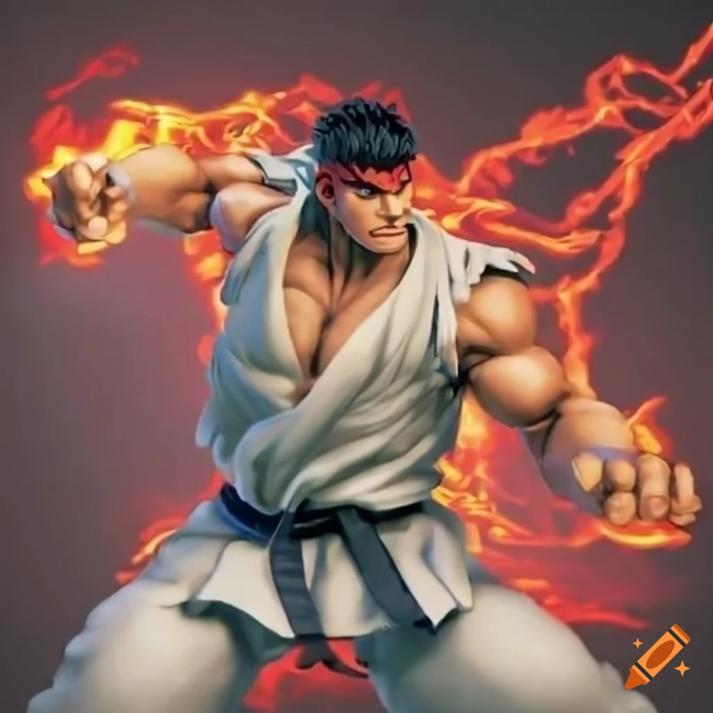 Ryu from street fighter in warrior pose with lightning fireball on Craiyon