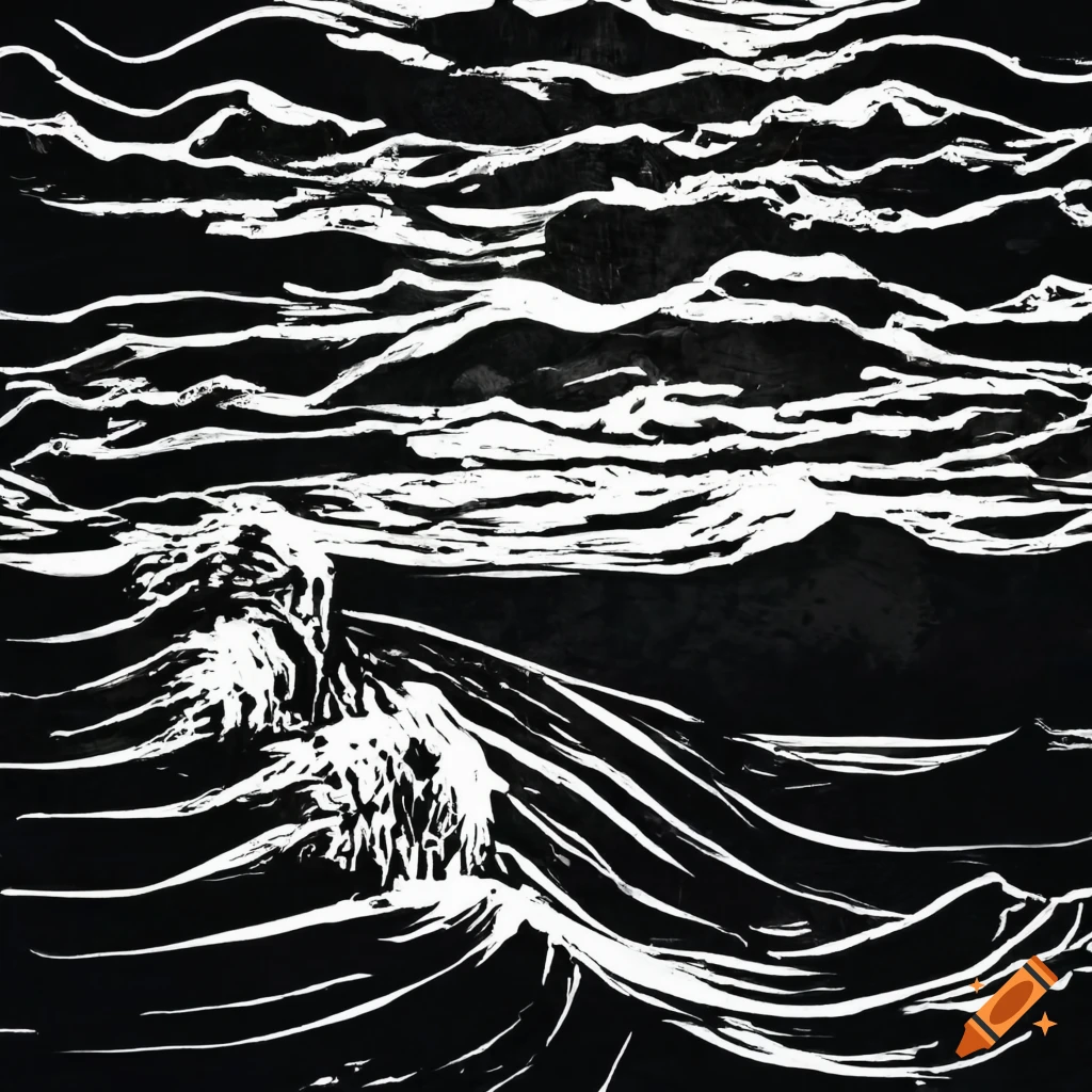 Powerful waves crashing against rocky cliffs in intricate linocut style ...