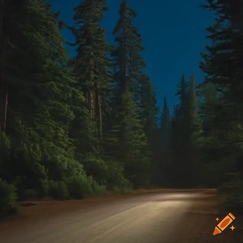 Dry oregon forest at night with gravel road on Craiyon