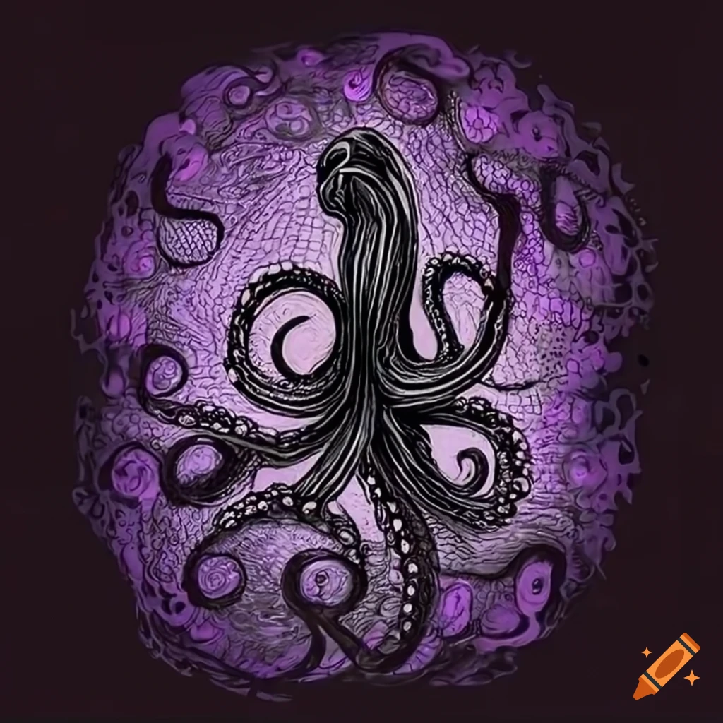 Mythical black octopus among lavender flowers on Craiyon