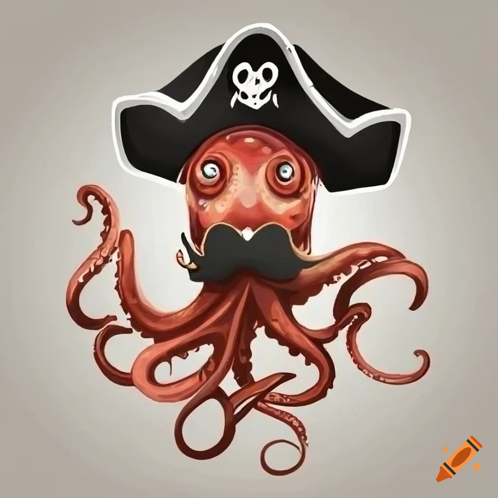 Octopus with a mustache and pirate hat drawing on Craiyon