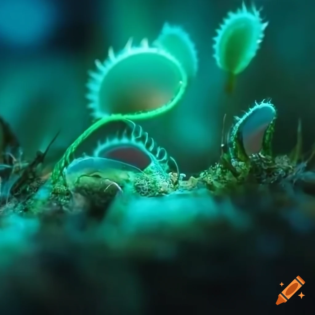 Glowing biopunk Venus flytrap creature in a moss-covered cityscape with cybernetic technology on ...