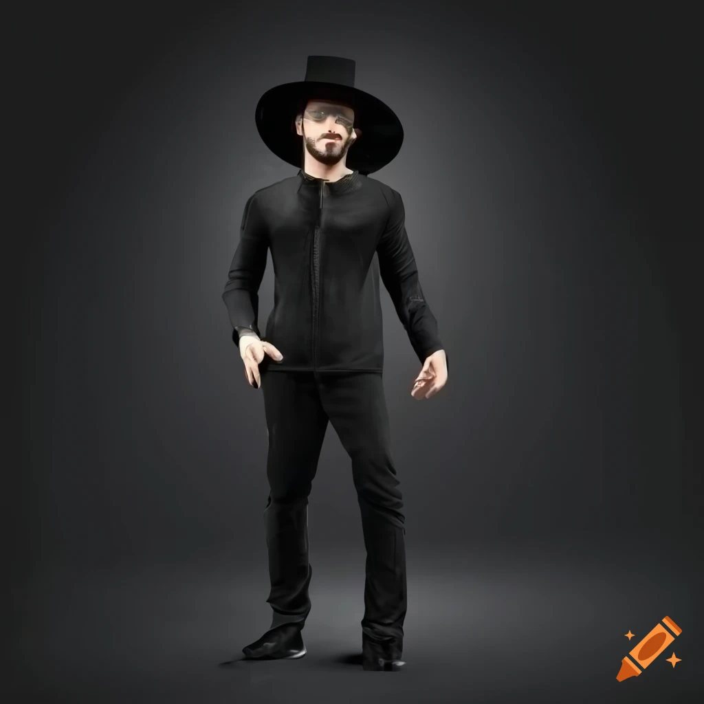 Male singer in all-black outfit and hat on stage on Craiyon